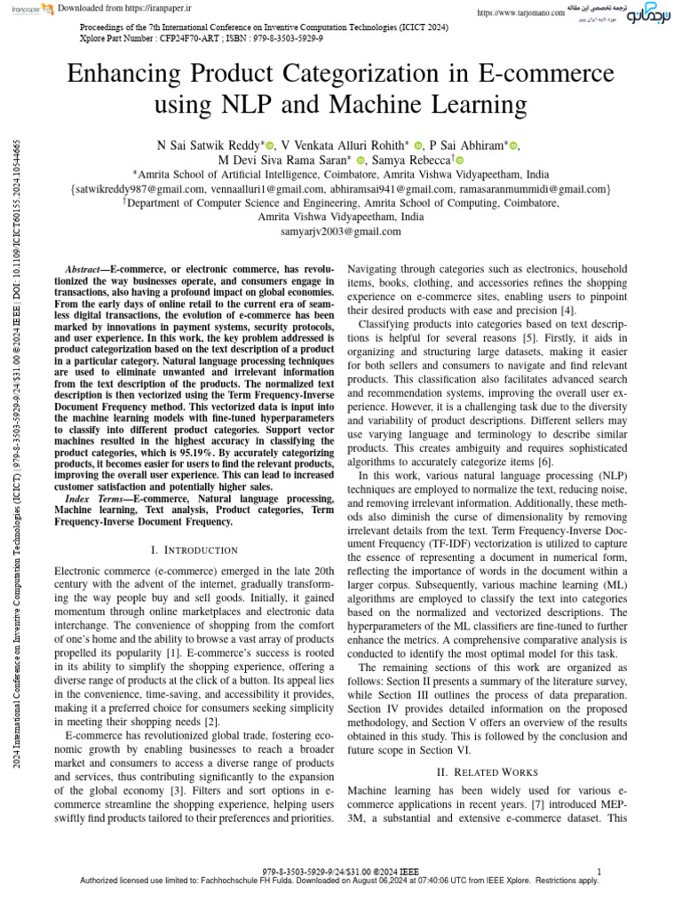Enhancing Product Categorization in E-Commerce Using NLP and Machine Learning | PDF | Receiver ...