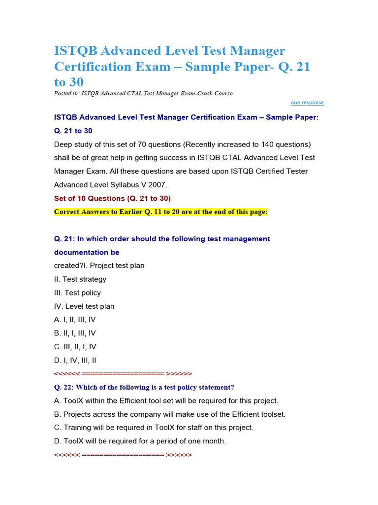 ISTQB Advanced Level Test Manager Certification Exam-Sample Paper-Q. 21 ...
