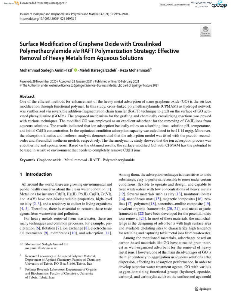 Surface-Modified Graphene Oxide for Cd(II) Removal | PDF | Adsorption ...