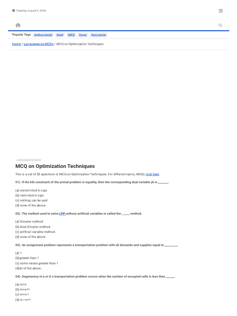 MCQ On Optimization Techniques - Technicalblog - in | PDF | Applied Mathematics | Mathematical ...