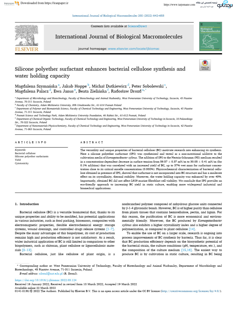 Silicone Polyether Surfactant Enhances Bacterial Cellulose Synthesis ...