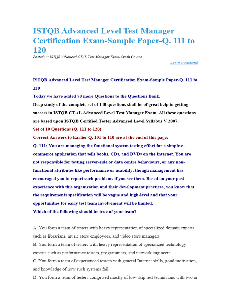 ISTQB Advanced Level Test Manager Certification Exam-Sample Paper-Q ...