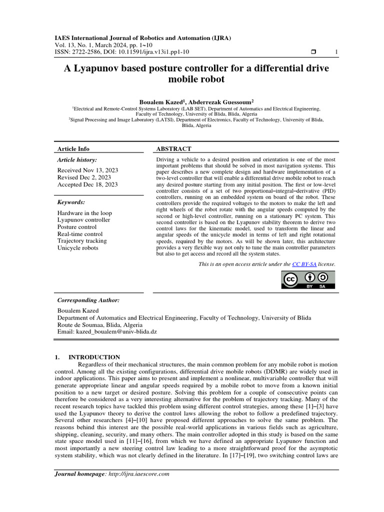 A Lyapunov Based Posture Controller For A Differential Drive Mobile Robot Pdf Control Theory