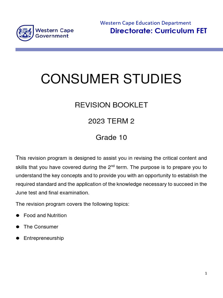 Consumer Studies Grade 10 Revision Material Term 2 | PDF | Food Storage ...