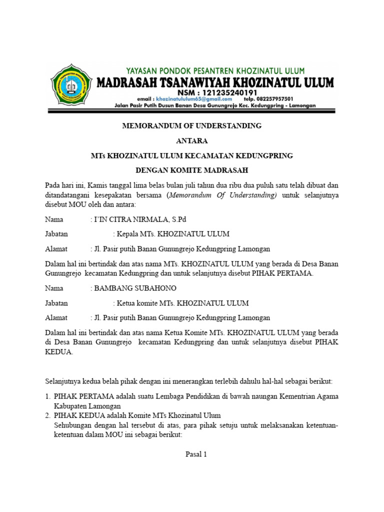 MOU MTs Khozinatul Ulum | PDF
