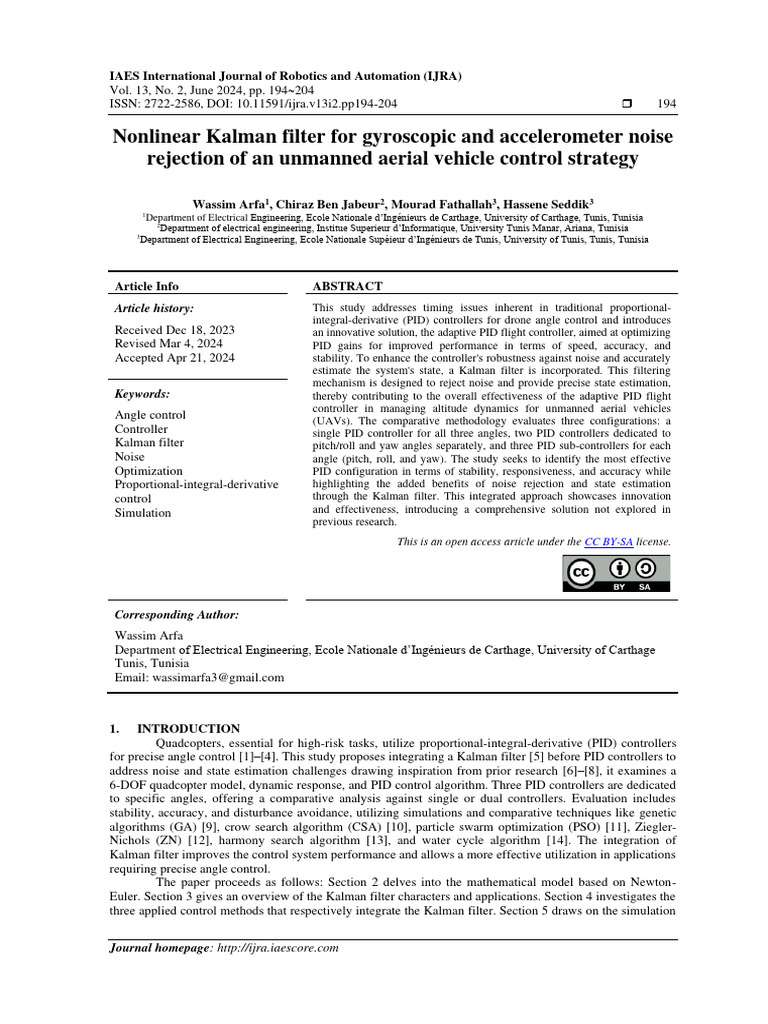 Nonlinear Kalman Filter For Gyroscopic and Accelerometer Noise ...