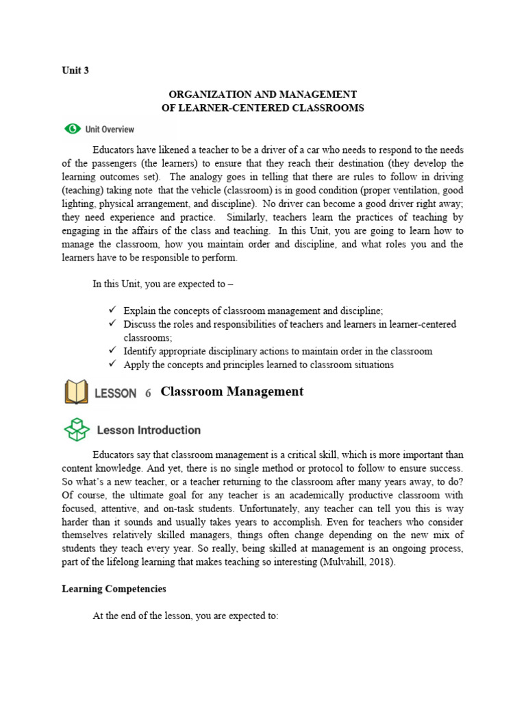 EDUC 31 Unit 3 Lesson 6 Classroom Management and Organization | PDF | Classroom Management ...