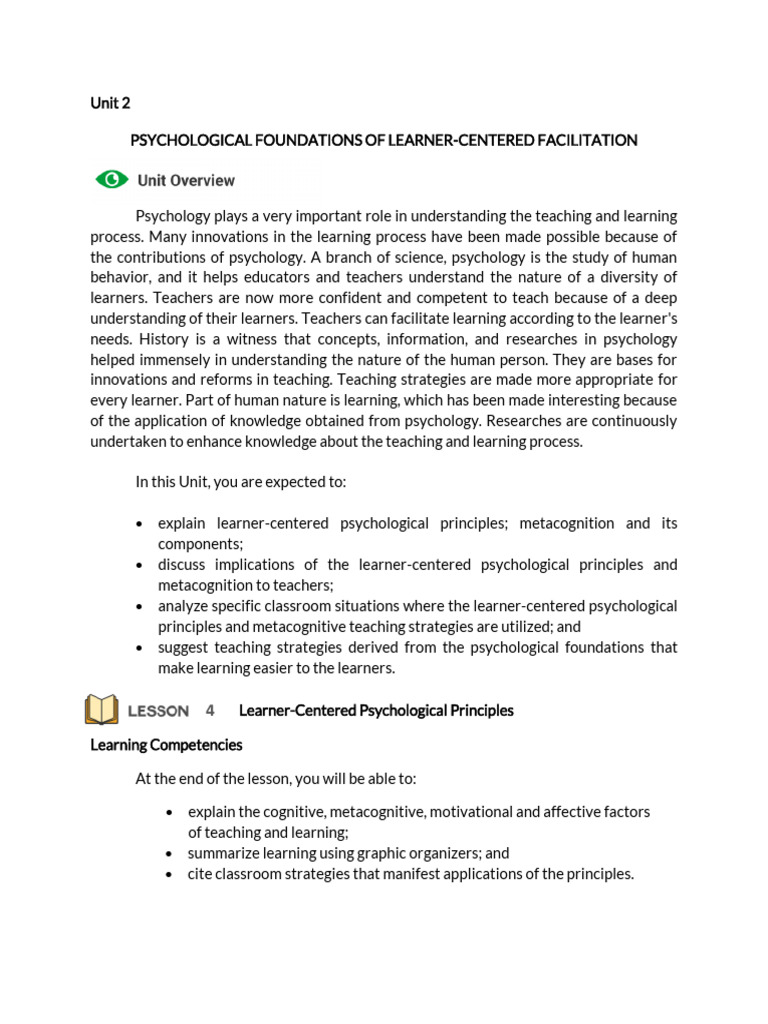 EDUC 31 Unit 2 Lesson 4 Learner Centered Principles of Facilitation by Marcelo Raquepo | PDF ...