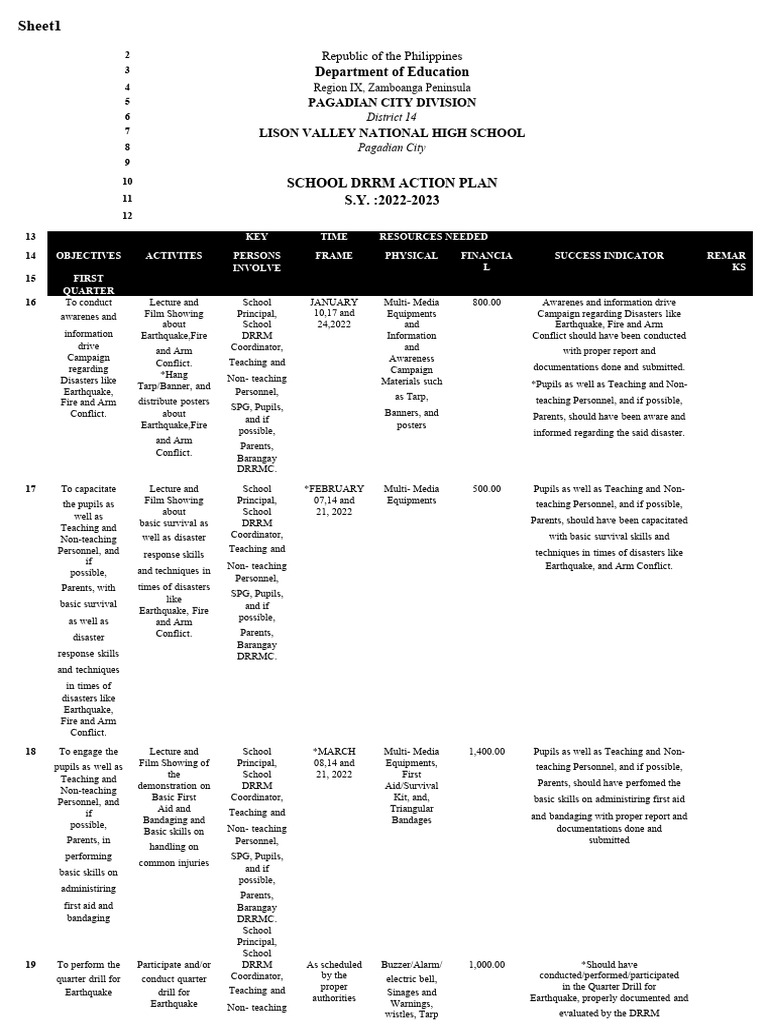 DRRM Action Plan 2022 2023 | PDF | First Aid | Safety