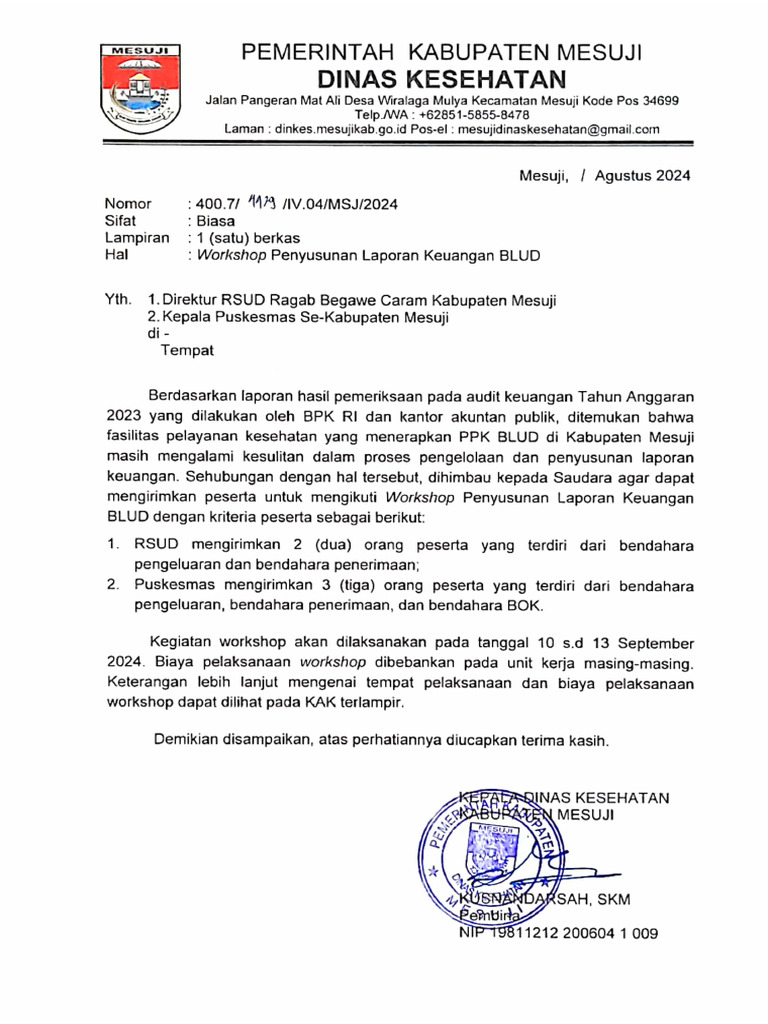 Surat Workshop Penyusunan Laporan Keuangan BLUD Mesuji 2024 | PDF