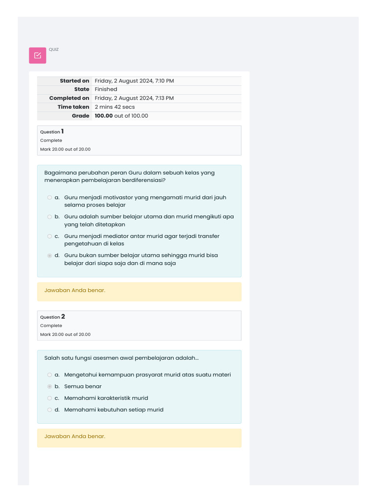 Kuis Pembelajaran Sesuai Kebutuhan Siswa - Attempt Review - 100 Miliku | PDF | Seni