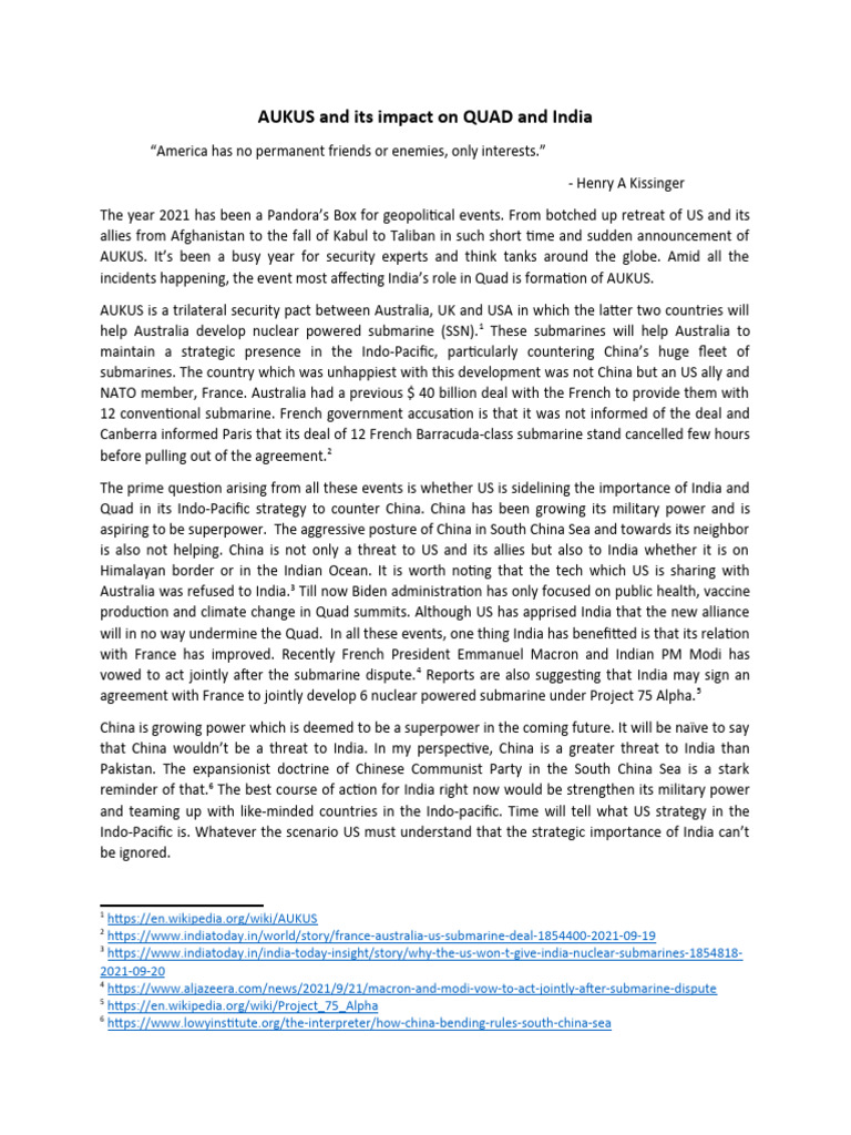 Aukus And Its Impact On Quad And India Pdf International Security