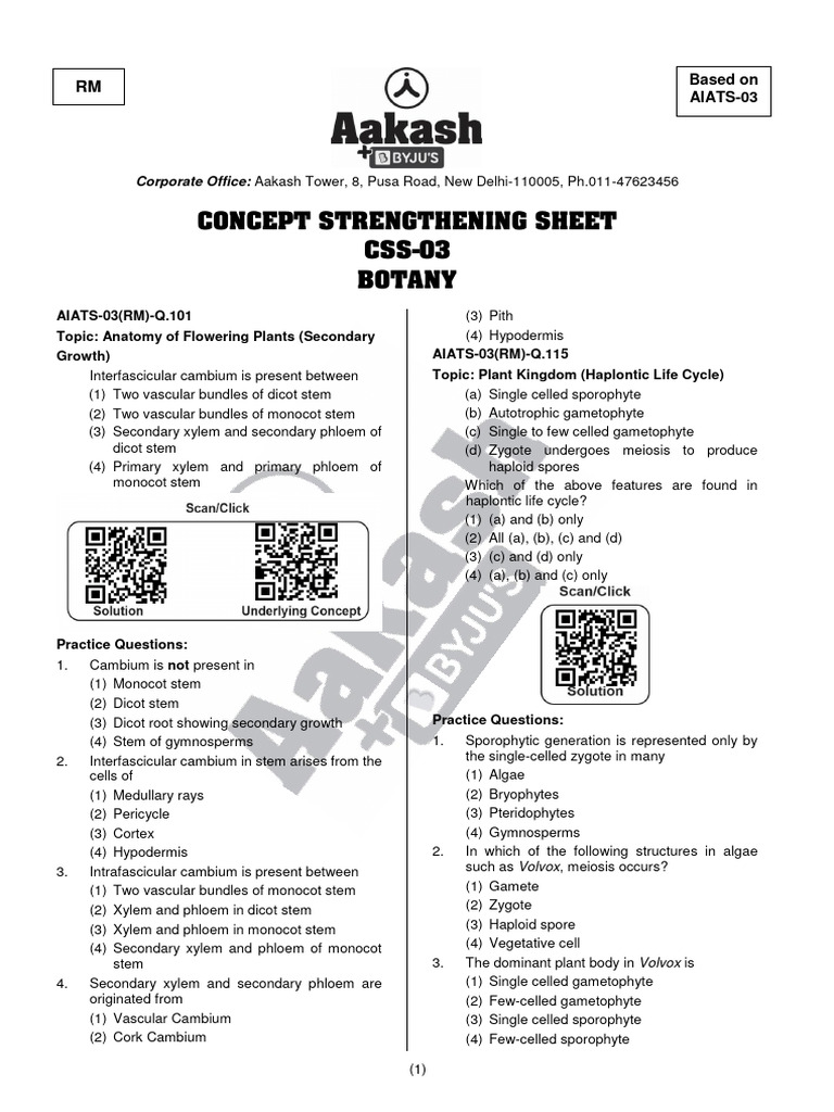 Concept Strengthening Sheet (CSS-03) Based On AIATS-03 RM Botany | PDF ...