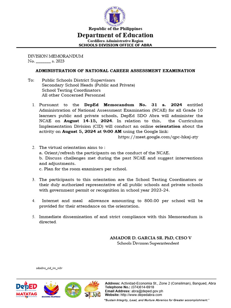 2024 Memo Ncae Orientation | PDF