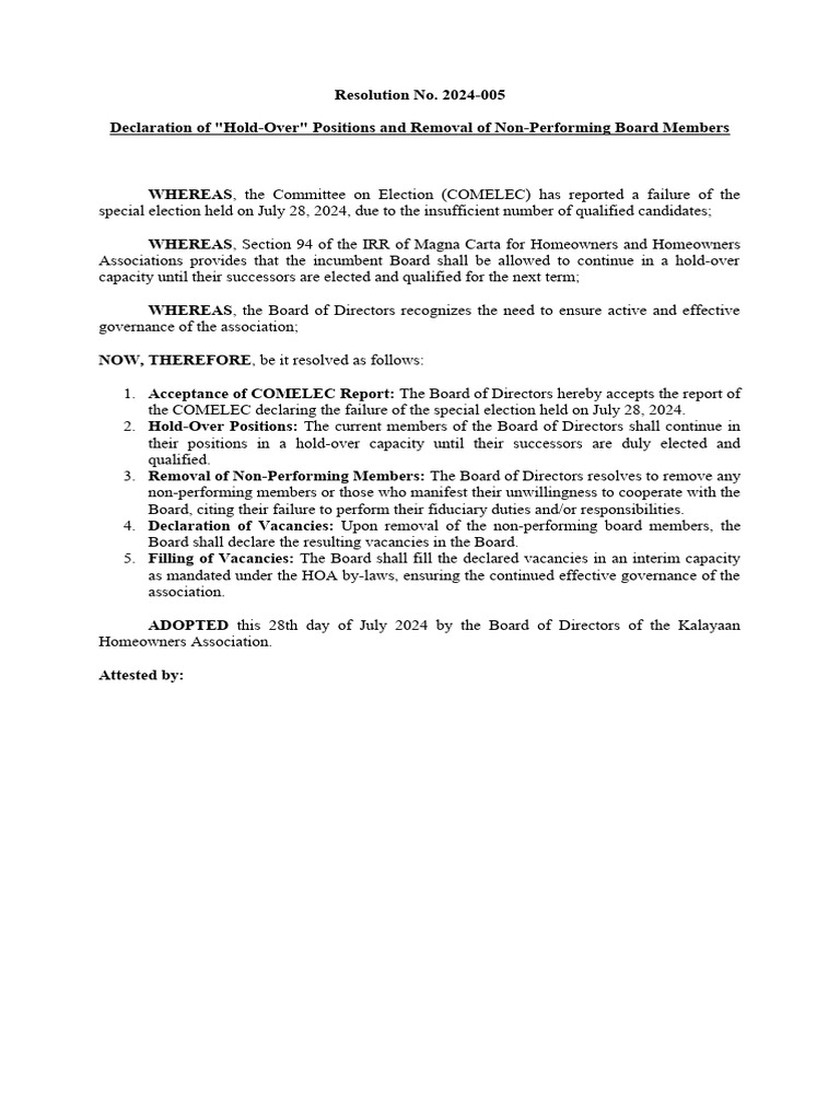 Board Reso Re Hold Over | PDF