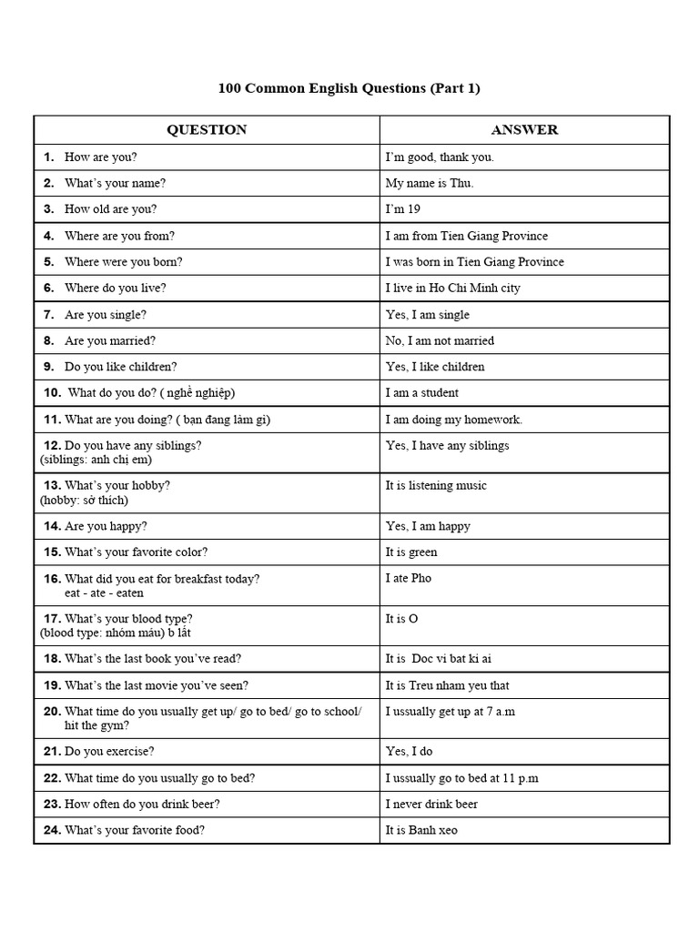 (Part 1) 100 Common English Questions | PDF | Self-Improvement | Lifestyle