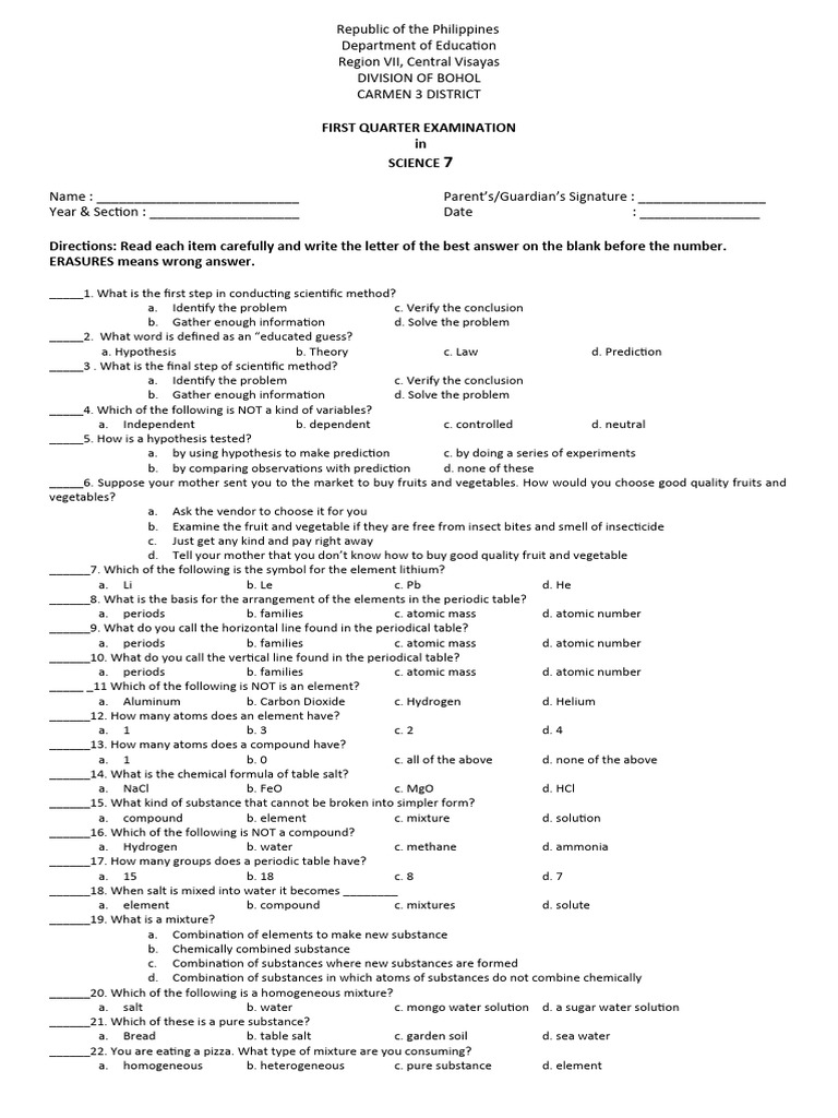 Periodical Test in Science 7 | PDF | Atmosphere Of Earth | Solvation