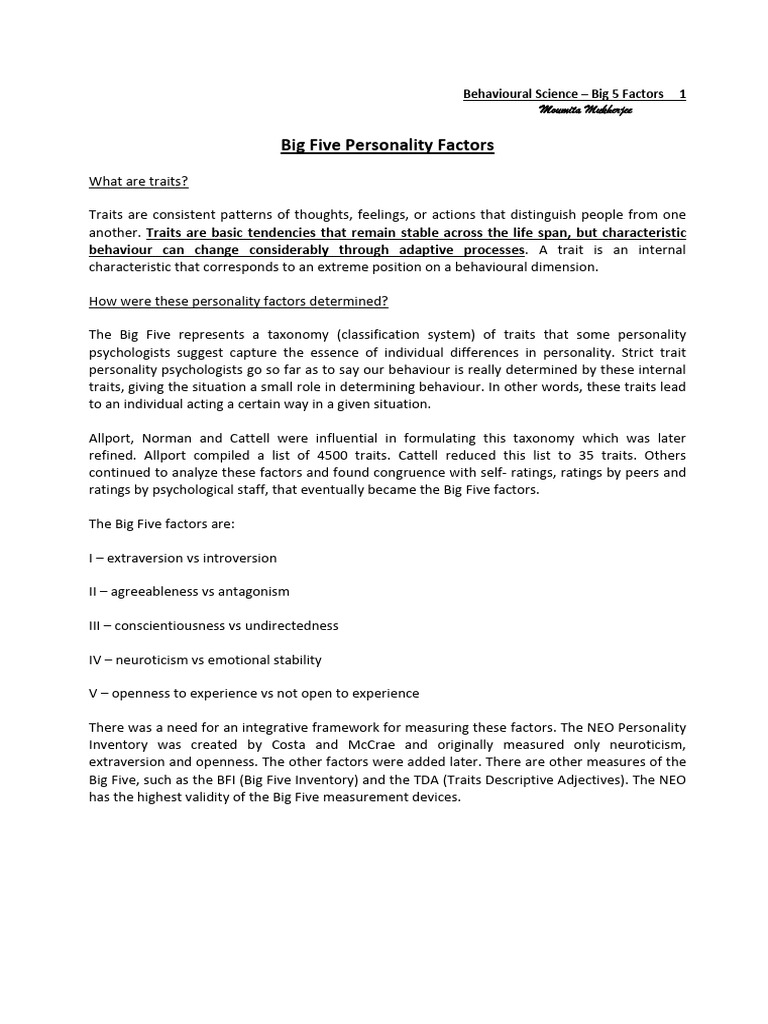 BS 102 Module Ic - Big 5 Factors | PDF | Extraversion And Introversion ...