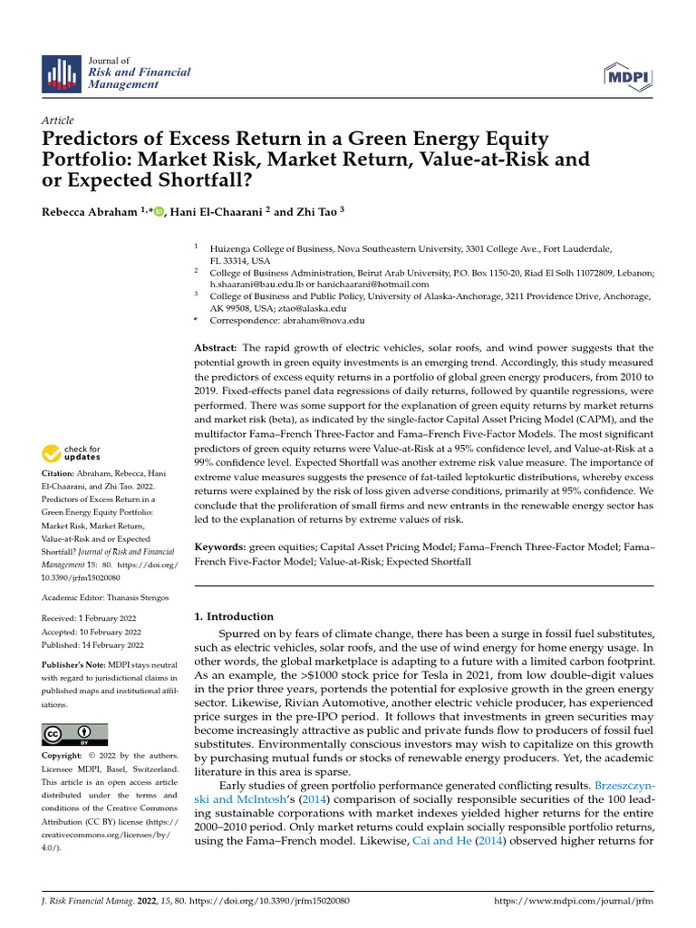 Predictors of Excess Return in A Green Energy Equity Portfolio: Market ...