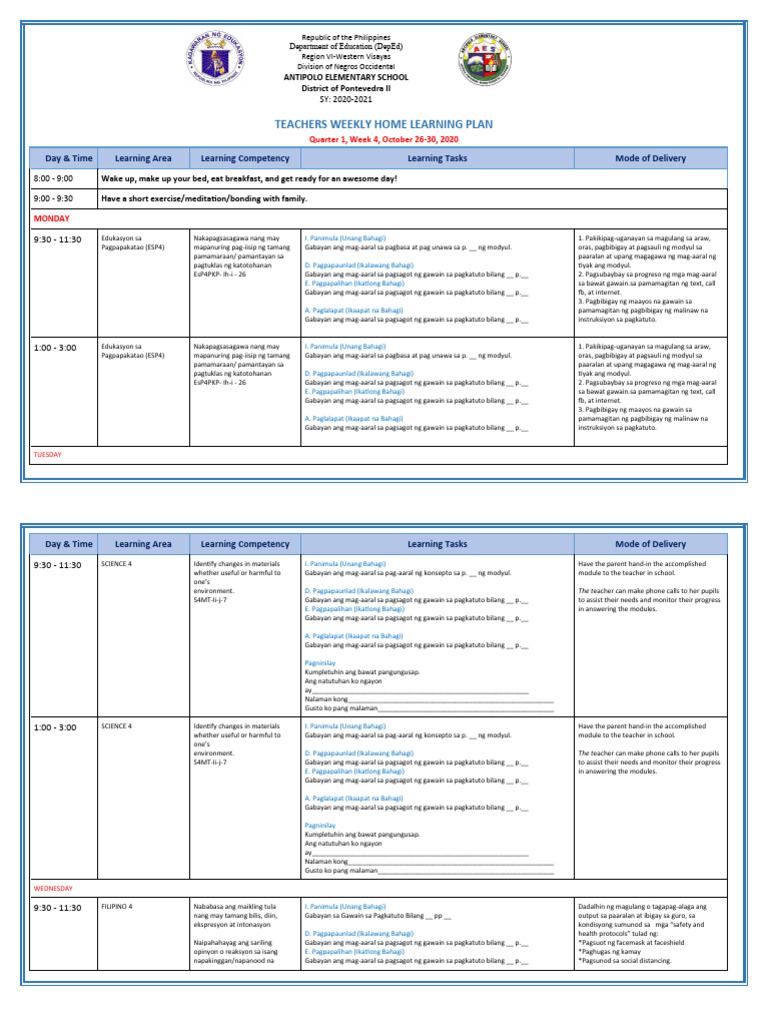 WHLP Grade 4 Q1 W4 All Subjects | PDF