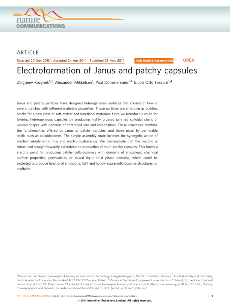 Electroformation of Janus and patchy capsules | PDF | Drop (Liquid) | Colloid