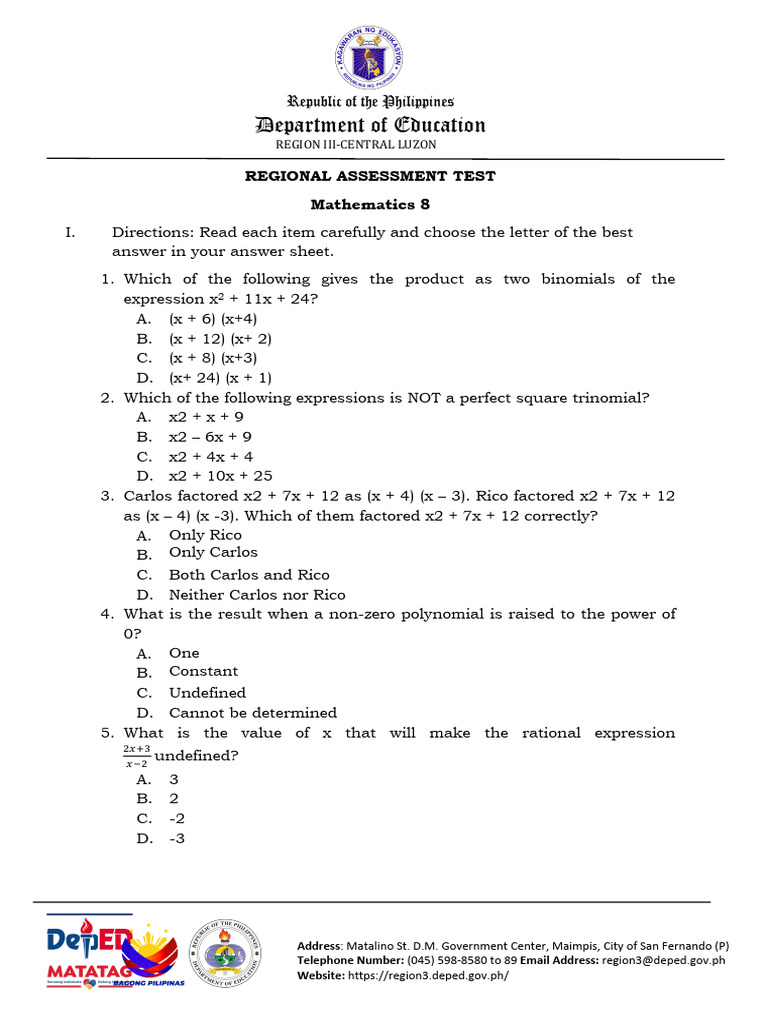 RAT - Mathematics - Grade 8 FINAL Edited | PDF | Function (Mathematics ...