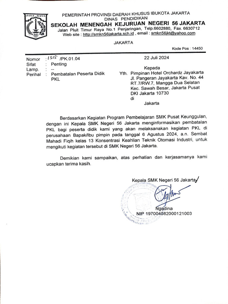 Surat Pembatalan Siswa PKL | PDF