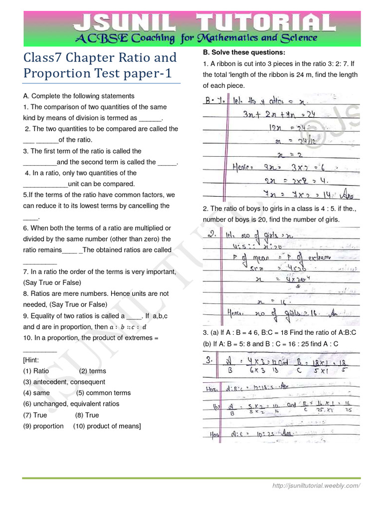 Class 7 Ratio & Proportion Test | PDF | Ratio | Numbers
