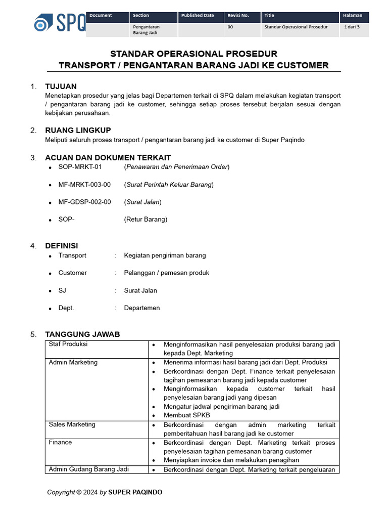 SOP Logistik (Pengiriman Barang Jadi Ke Cust.) | PDF | Bisnis
