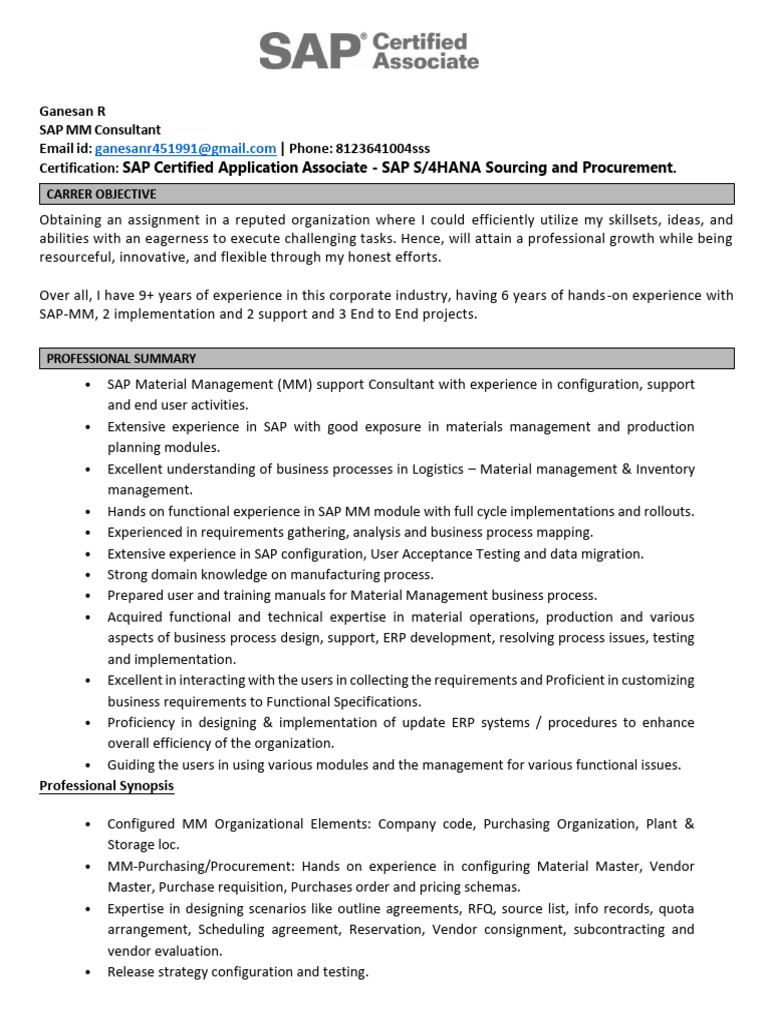 SAP MM Resume | PDF | Enterprise Resource Planning | Business Process