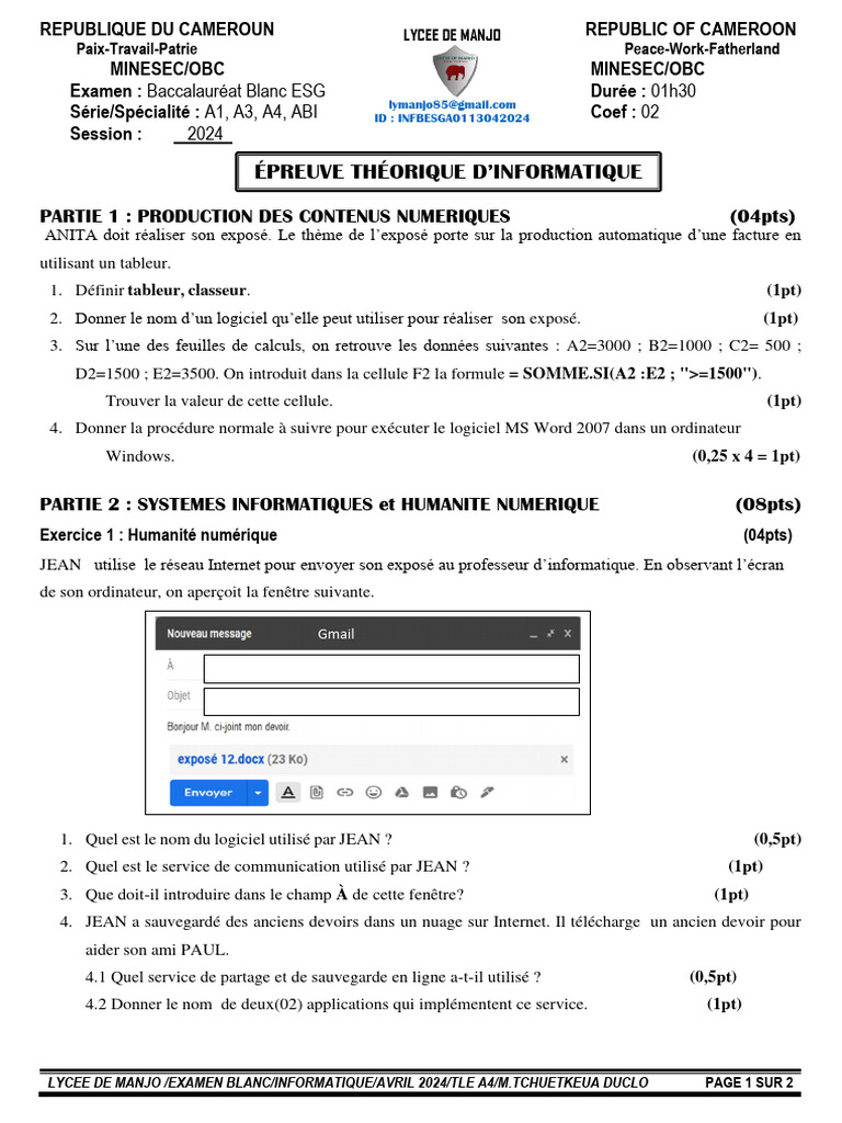 Examen Blanc Informatique Bac 2024 | PDF | Bases de données | Feuille ...