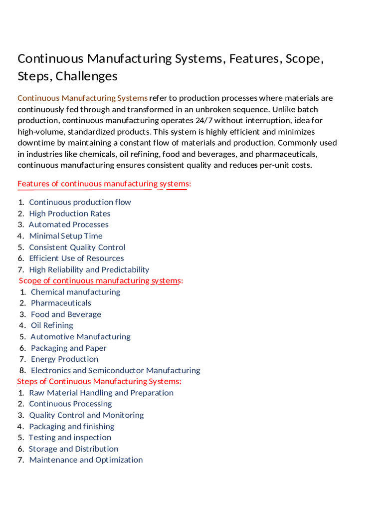 Continuous Manufacturing Systems, Features, Scope, Steps, Challenges ...