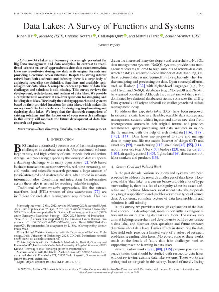Data Lakes: Functions and Systems Survey | PDF | Metadata | Data