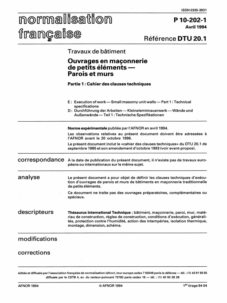 DTU 20.1 NF P 10-202-1 - Avril 1994 | PDF