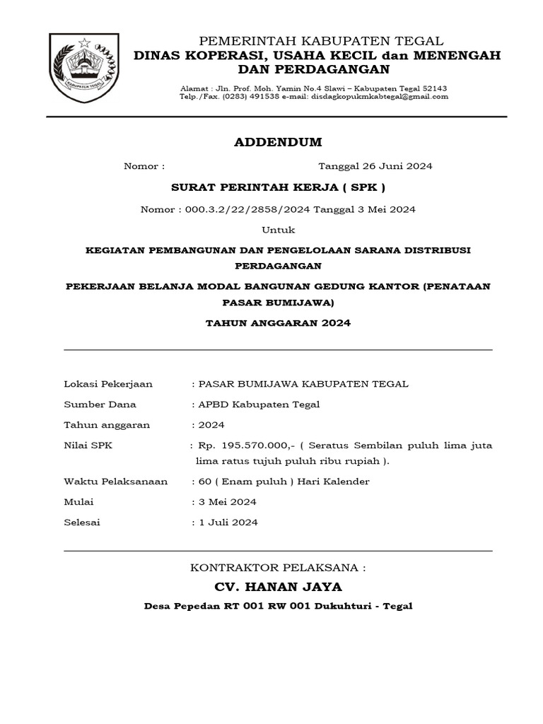 ADDENDUM SPK Dan Perpanjangan Waktu Pasar Bumijawa | PDF