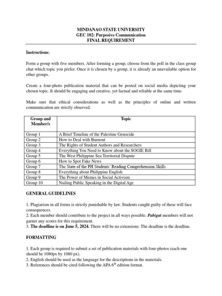 Gec 102 Final Requirement Guidelines Pdf Human Communication Communication