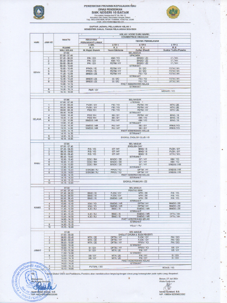Jadwal Pelajaran Semester Ganjil Ta 2024-2025 | PDF