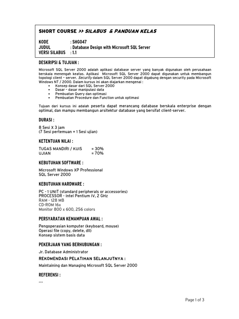 Silabus - Database Design With Microsoft SQL Server 1.1 | PDF | Komputer Silabus - Database Design With Microsoft SQL Server 1.1 | PDF | Komputer