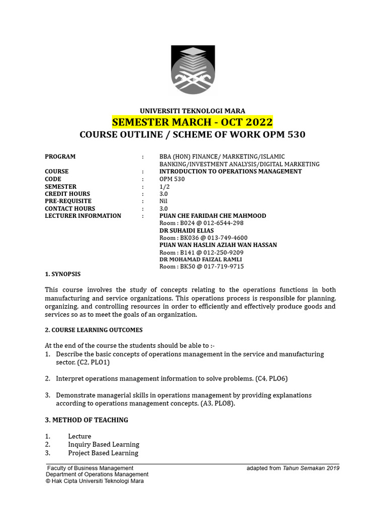 1 Opm 530 Course Outline Sem Mar-Oct 2022 | PDF | Business | Economies