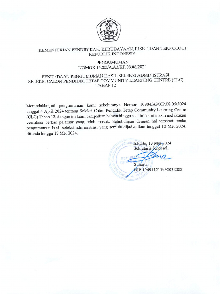 2024 05 13 Penundaan Hasil Seleksi Adm CLC | PDF