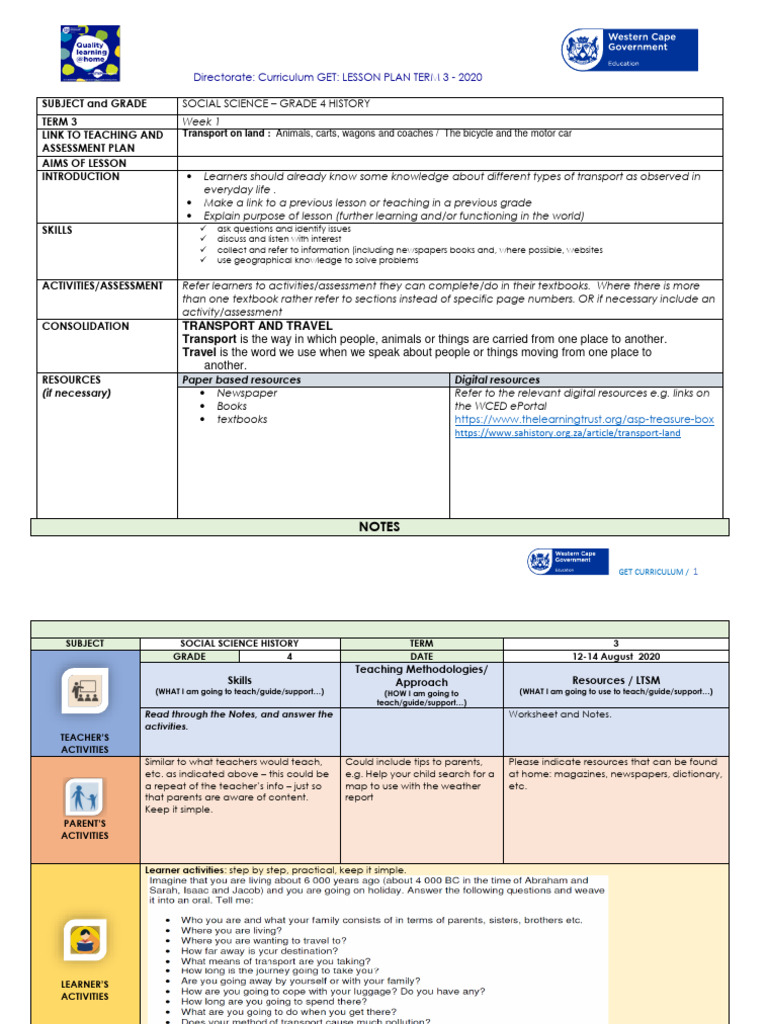 Lesson Plan GET IP Grade 4 Social Science History Term 3 Week 1 1 | PDF ...