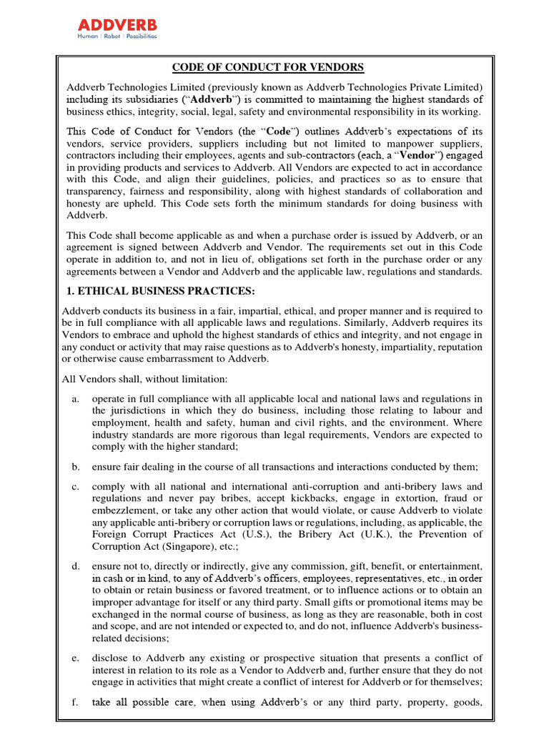 Vendor Code of Conduct Guidelines | PDF | Bribery | Information Sensitivity