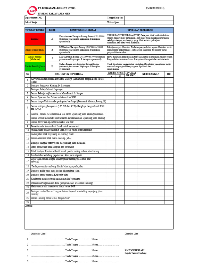 (FM Kku Hse 054) Inspeksi - Area MHR | PDF