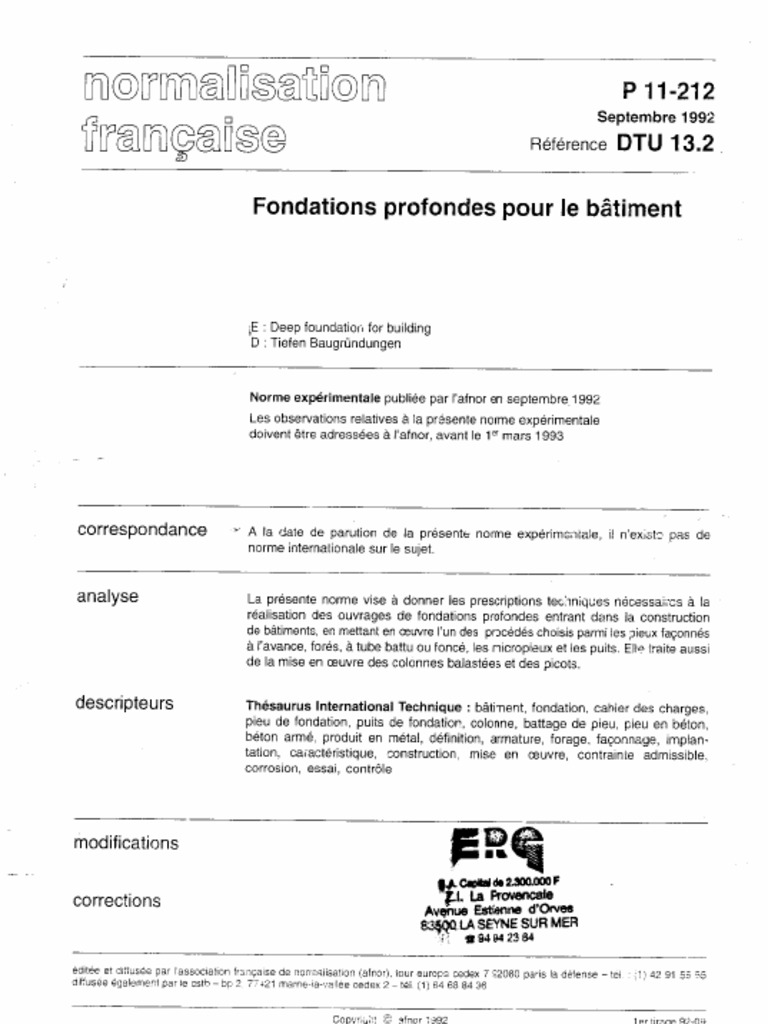 DTU 13 2 Fondations Profondes Pour Le Batiment Septembre 1992 | PDF