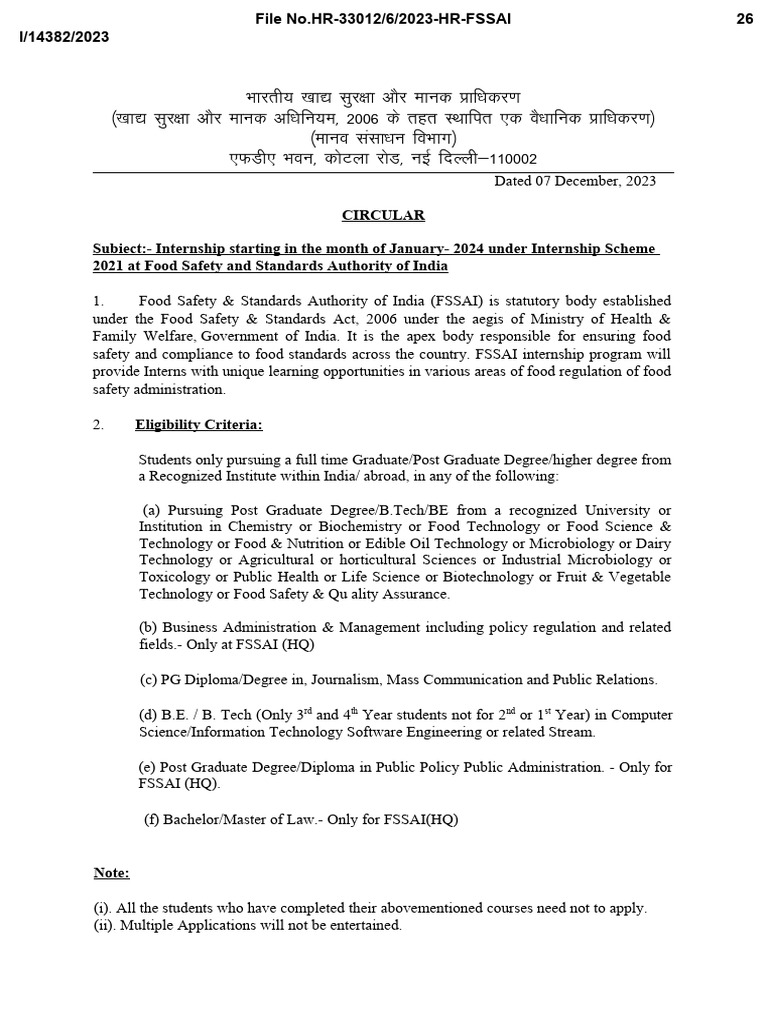 FSSAI Internship Opportunity 2024 | PDF | Food Safety