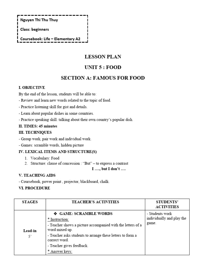 Lesson Plan - Unit 5a - Famous For Food | PDF | Cuisine | Foods