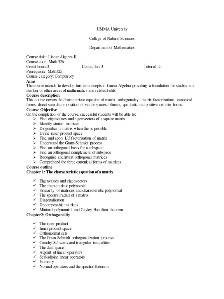 Linear Algebra II Course Outline | PDF | Matrix (Mathematics ...