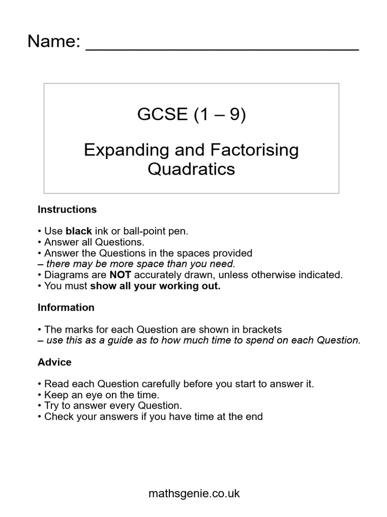 GCSE Quadratics Practice | PDF