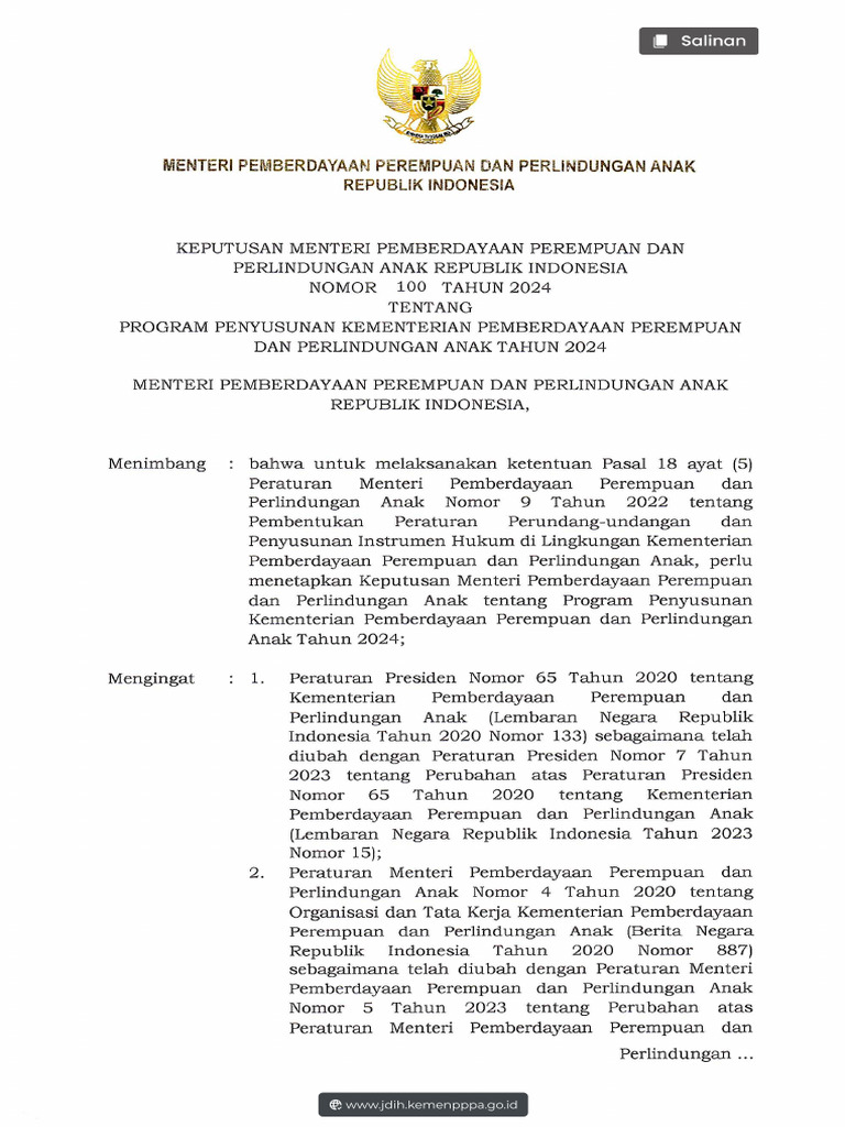 SK Menteri PPPA No 100 THN 2024 TTG Program Penyusunan Kementerian Pemberdayaan Perempuan Dan ...