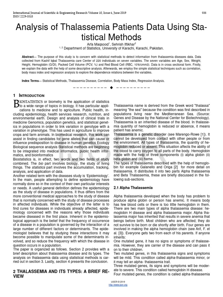 Analysis of Thalassemia Patients Data Using Sta Tistical Methods | PDF ...